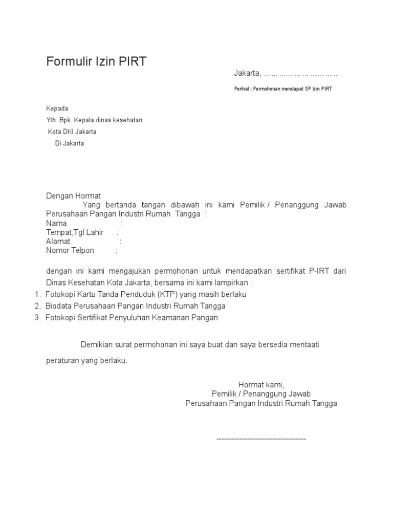 Formulir Izin PIRT | PDF
