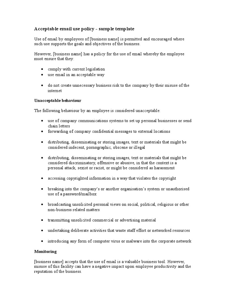 Sample Acceptable Email Use Policy | PDF | Email | Employment
