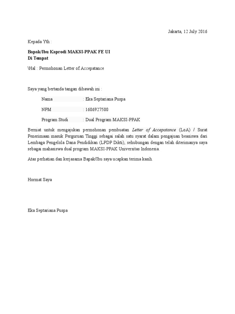 Permohonan Letter of Acceptance UI | PDF | Karier & Perkembangan