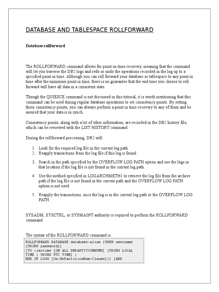 Db2 Database And Tablespace Rollforward Pdf Backup Databases