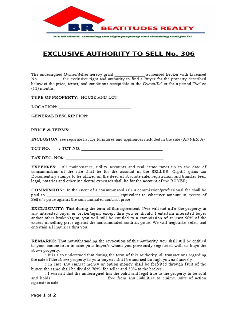 Exclusive Authority to Sell