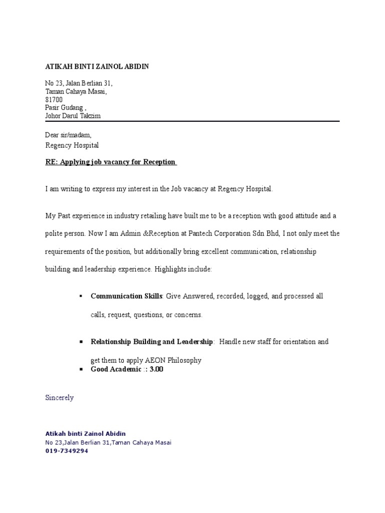 RE: Applying Job Vacancy For Reception | PDF | Career & Growth | Business