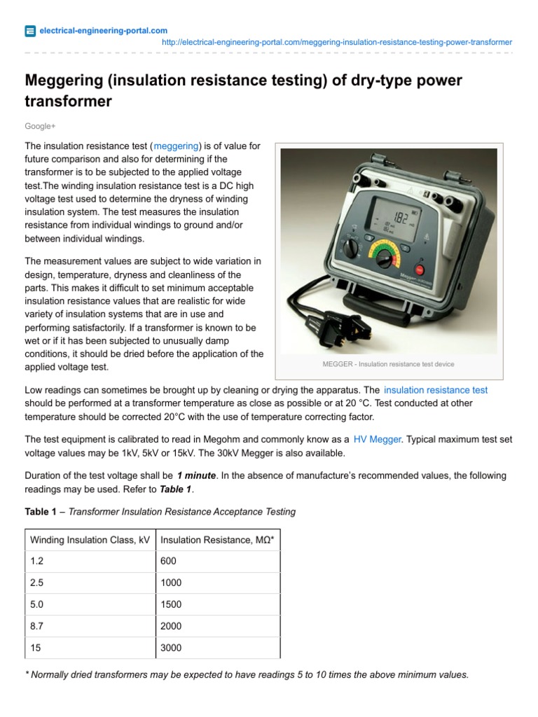 Meggering Insulation Resistance Testing of Dry-Type Power Transformer | PDF