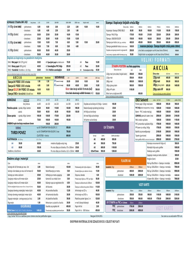 Cenovnik 2015 Copy Centar Tas PDF | PDF