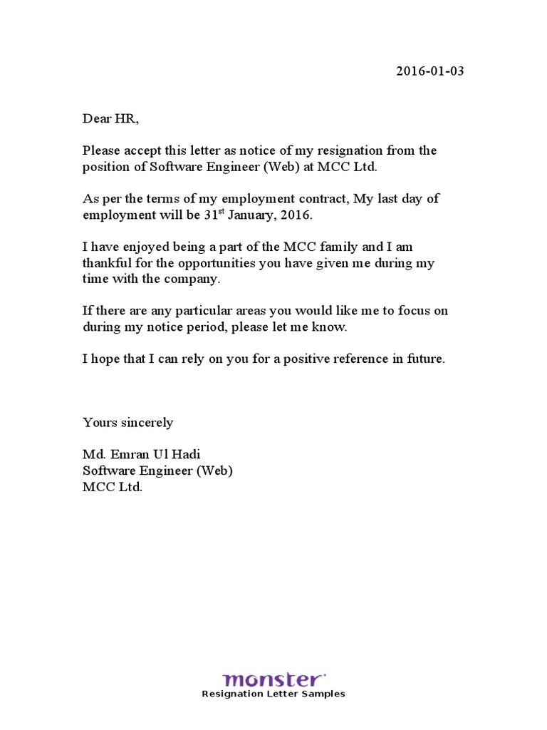 Resignation Letter Format For Engineer