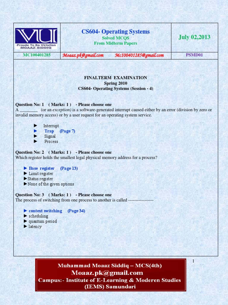 CS604 - Finalterm Solved Mcqs Solved With References | PDF | Operating System | Scheduling ...
