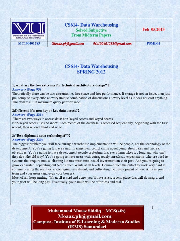 CS614 Final Term Solved Subjectives With Referencesby Moaaz | PDF | Database Index | Transport ...