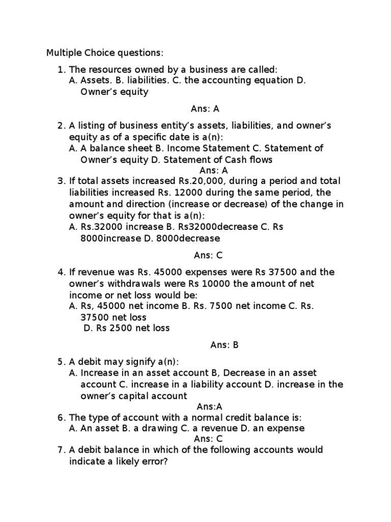 Multiple Choice Questions | PDF | Debits And Credits | Expense