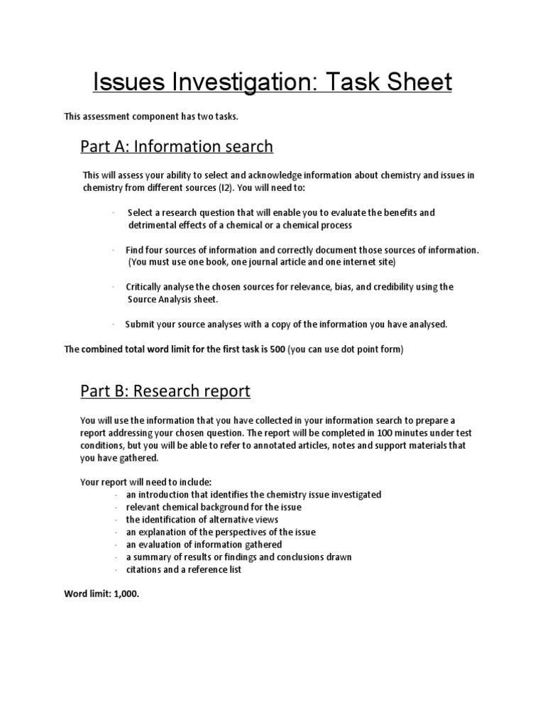 Issues Investigation: Task Sheet: Part A: Information Search | PDF ...