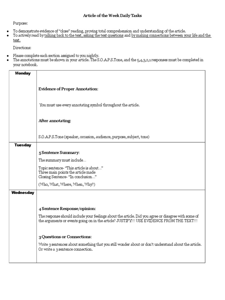 Article of The Week Daily Tasks | PDF