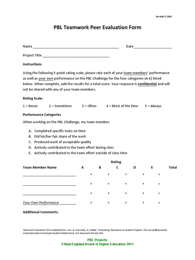 PBL Teamwork Peer Evaluation Form: Instructions | PDF