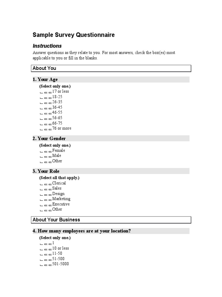Sample Survey Questionnaire: Instructions | PDF | Career & Growth