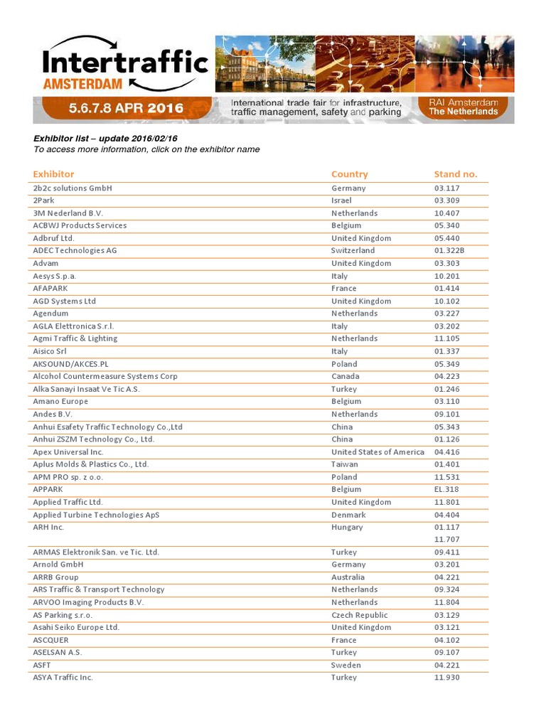 Intertraffic Amsterdam Exhibitor List 2016 | PDF