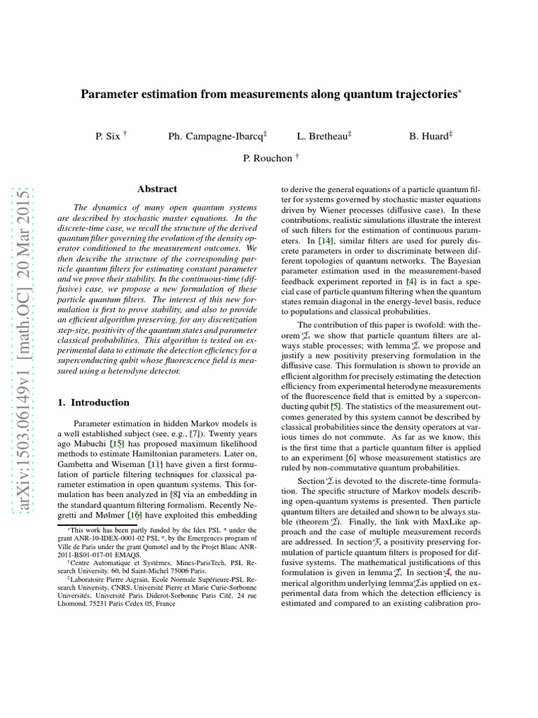 Parameter Estimation From Measurements Along Quantum Trajectories | PDF ...