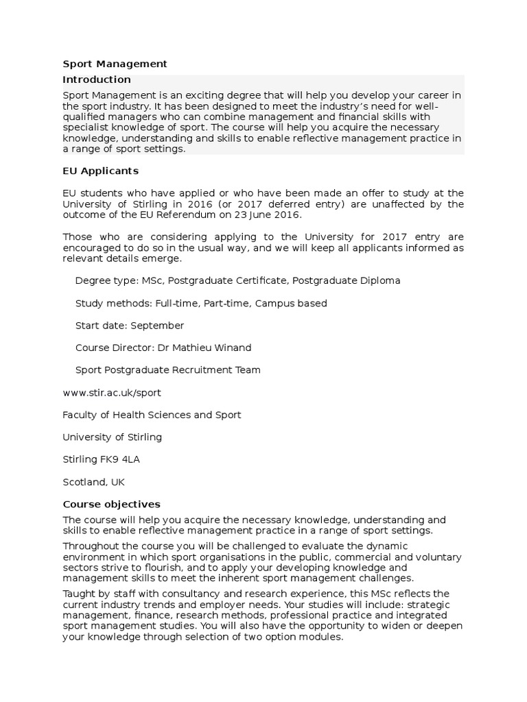 Sport Management | PDF | Postgraduate Education | Master Of Business ...