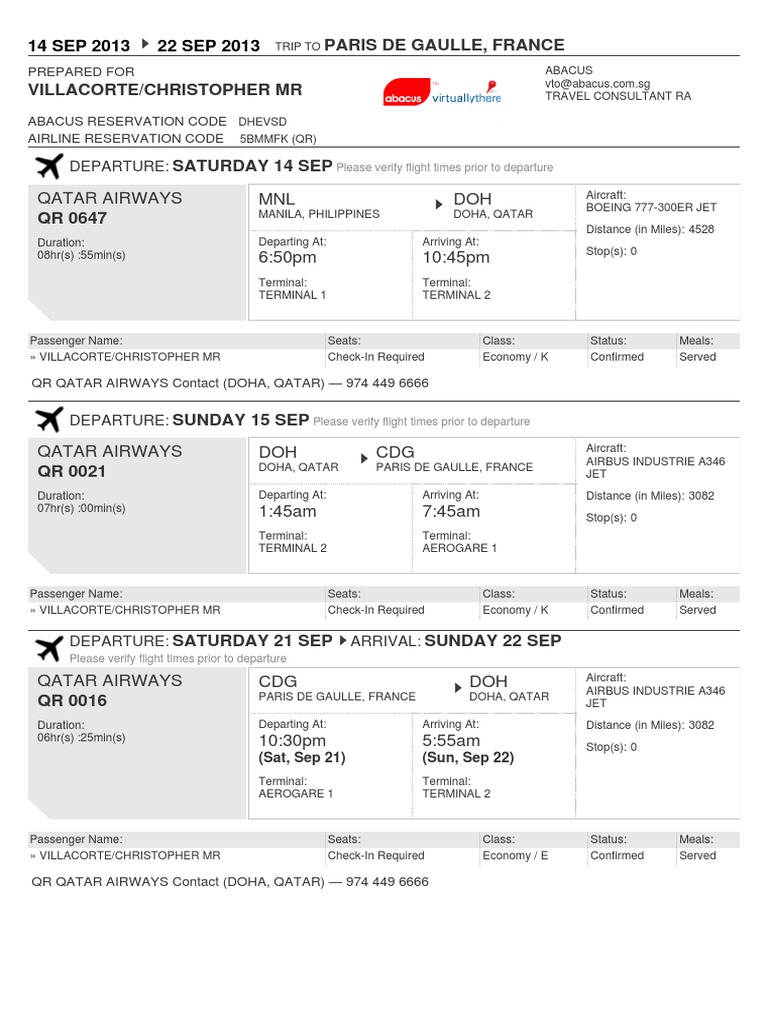 Qatar Airways Itinerary: MNL to CDG | PDF | Business | Computers