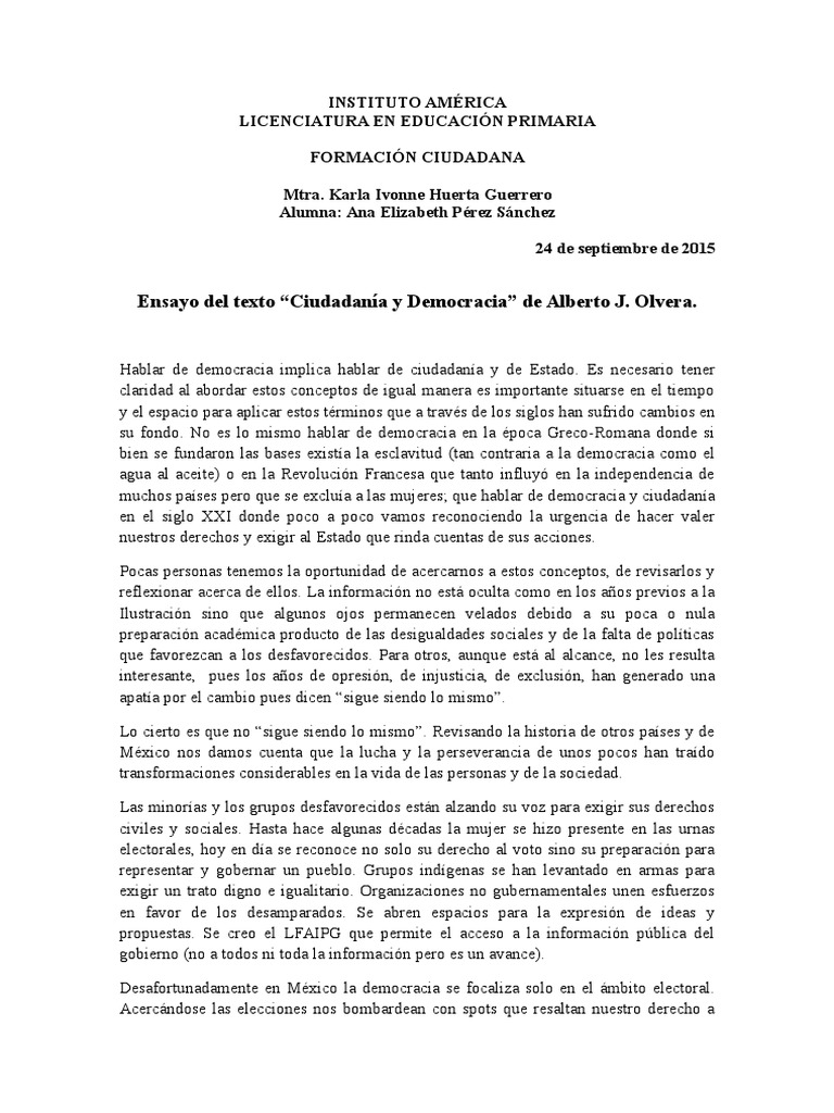 Ensayo Del Texto Ciudadania y Democracia | Descargar gratis PDF | Ciudadanía | Democracia