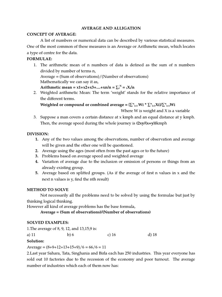 Calculating Averages and Solving Allegation Problems | PDF | Arithmetic ...