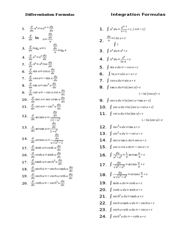 Differential and Integral Calculus Formulas | PDF