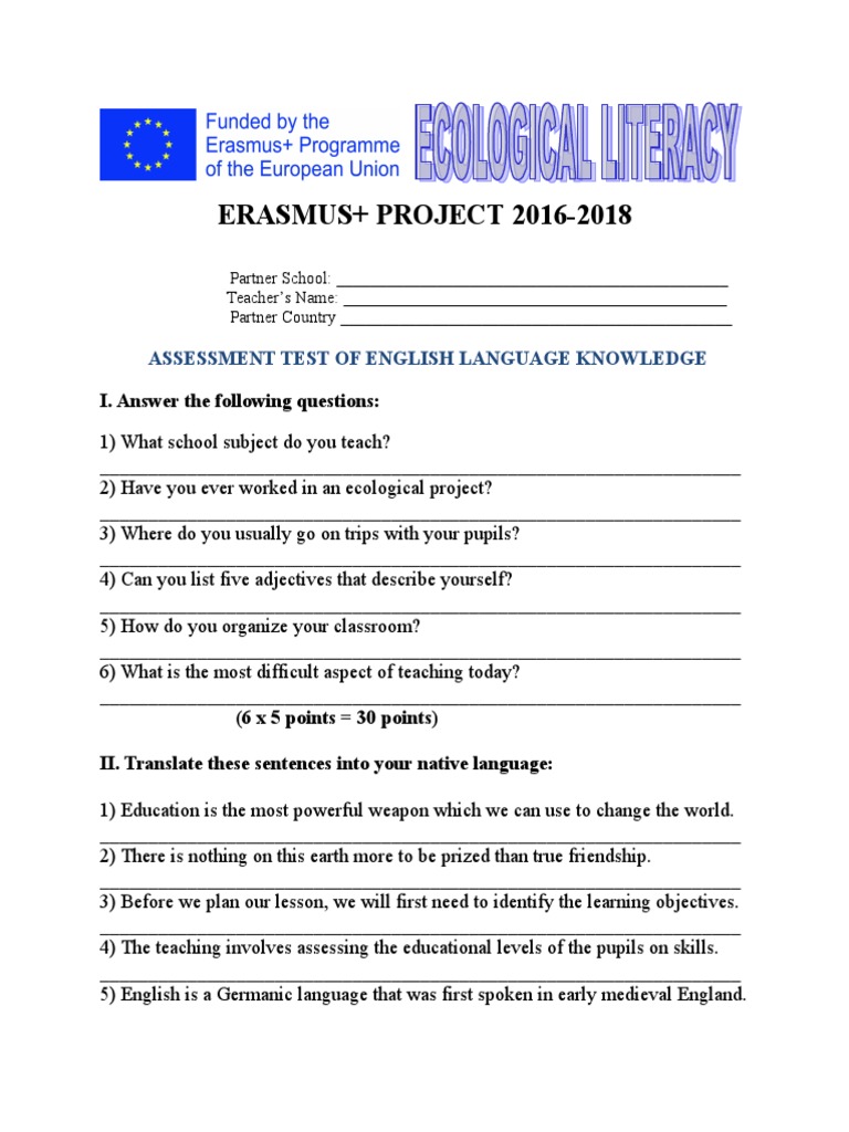 Erasmus Assessment Test of English Language Knowledge For Teachers | PDF