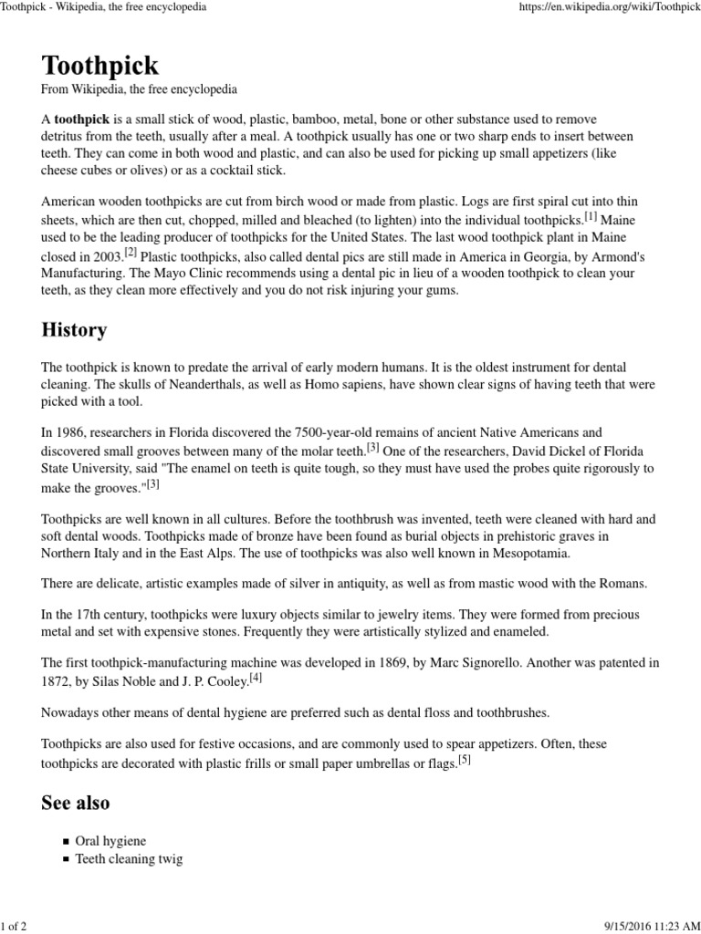 Toothpick - Wiki | PDF | Mouth | Dentistry Branches