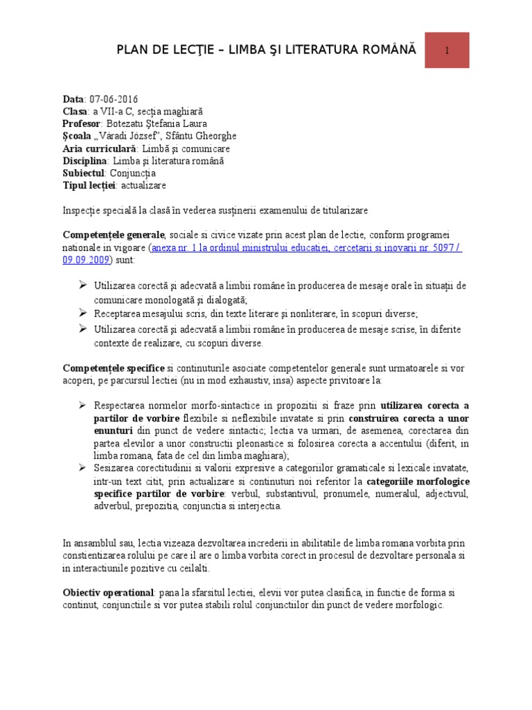 Plan de Lectie Conjunctia - Actualizare, Clasa A VII-a | PDF