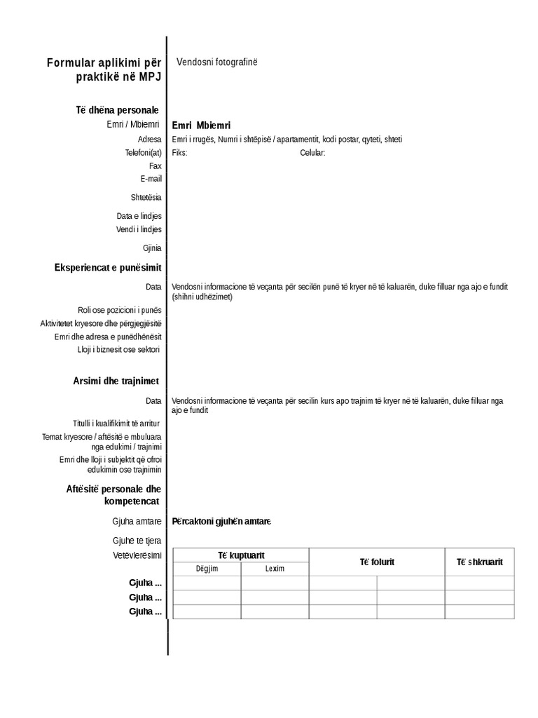 Formular Aplikimi Per Praktike Ne MPJ Tetor 2016 - Janar 2017 | PDF