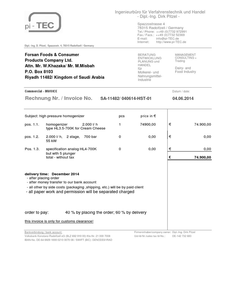 Invoice - Homogenizer HST-04.06.2014-01 PDF | PDF