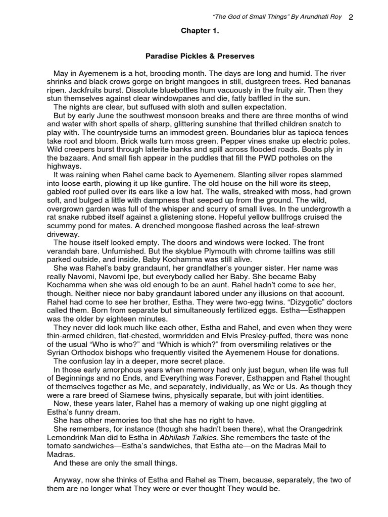 The God of Small Things: Chapter 1 Summary | PDF | Twin | Nature
