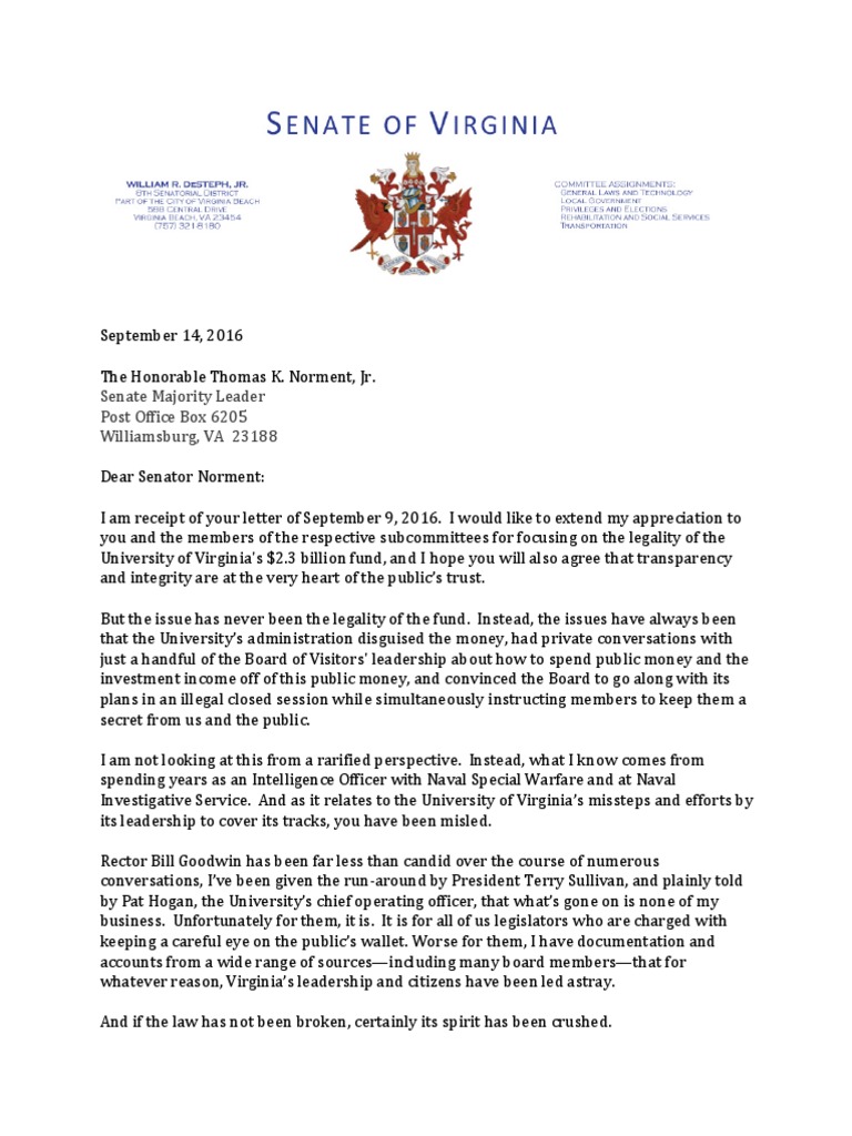 DeSteph Letter To Norment PDF | PDF | Government | Public Sphere