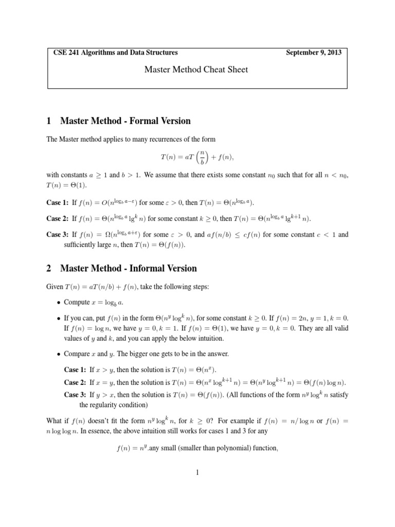 Master Method Cheat Sheet | PDF | Inequality (Mathematics) | Function ...