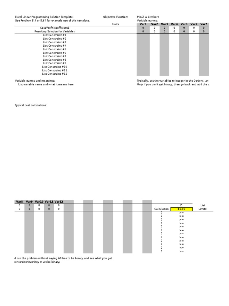 Excel Linear Programming Template Guide | PDF