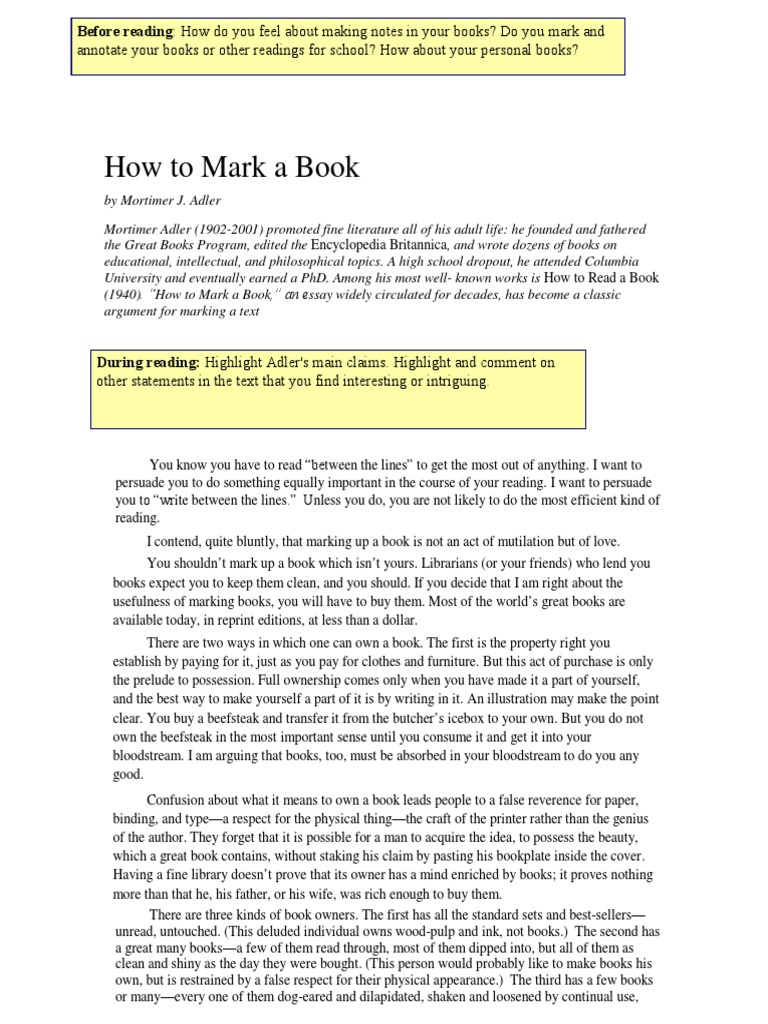 How To Mark A Book | PDF | Great Books | Mortimer J. Adler