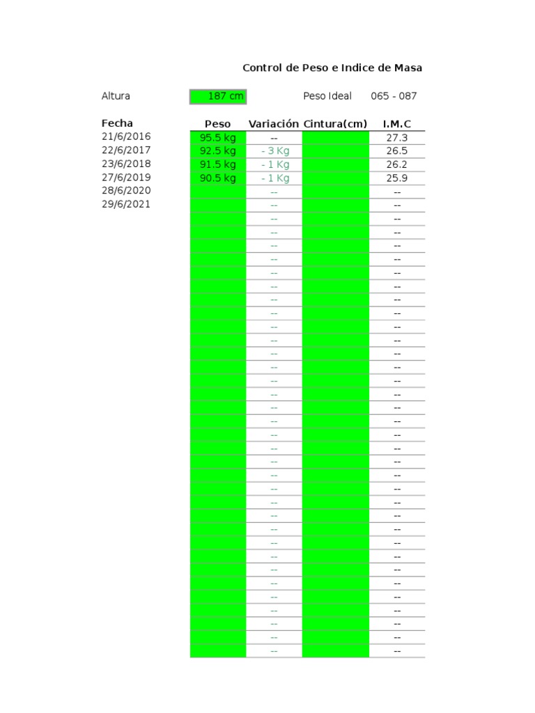 Planilla de Excel para El Calculo Del Indice de Masa Corporal