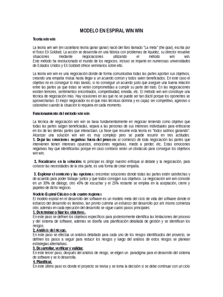 Modelo Espiral Win Win en Negociación | PDF | Proceso de desarrollo de ...