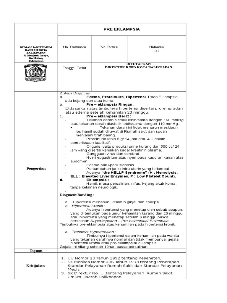 SOP Pre Eklamsia | PDF
