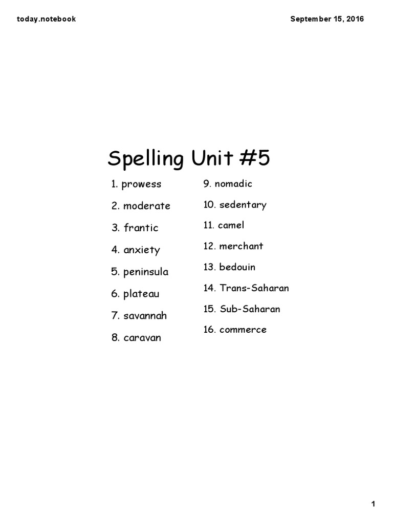 Spelling Unit #5 Vocabulary List | PDF