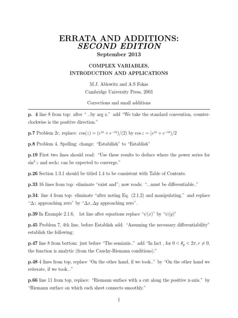 Ablowitz M. J. & Fokas A. S. - Complex Variables (2003) Errata | PDF ...