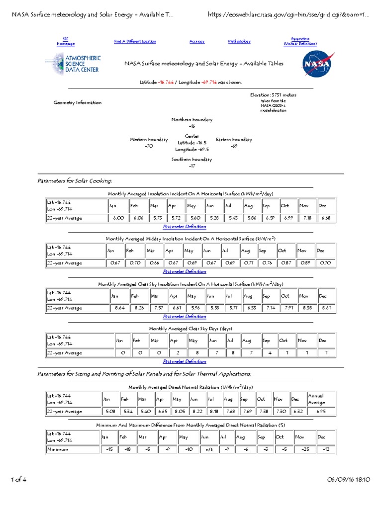 NASA Surface Meteorology and Solar Energy - Available Tables | PDF ...
