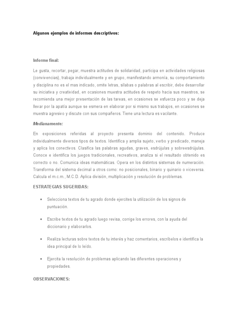 Algunos ejemplos de informes descriptivos.docx | Jardín de infancia ...