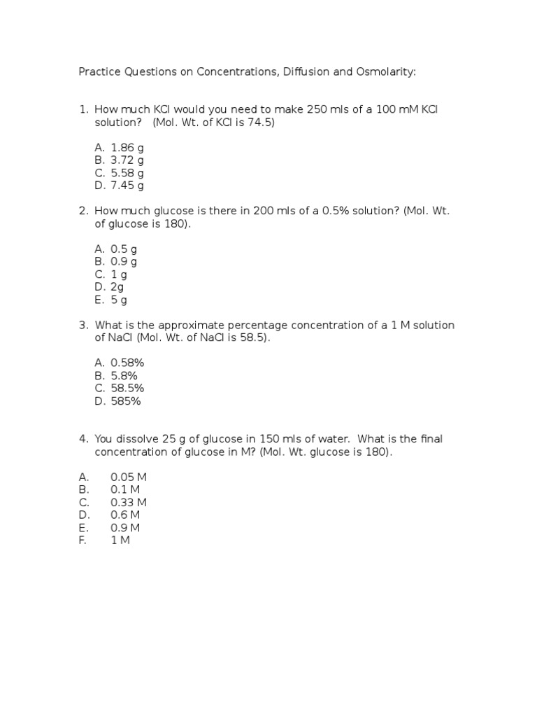 Concentration & Osmolarity Practice Questions | PDF | Chemical ...