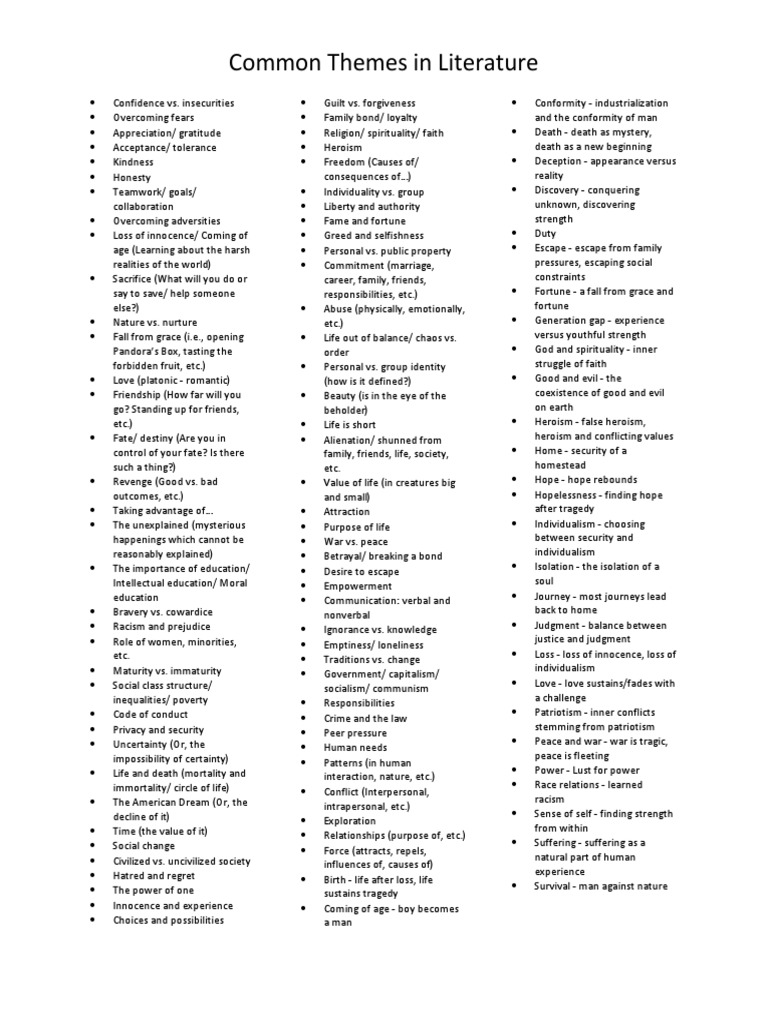 Common Themes in Literature | Download Free PDF | Friendship | Good And ...