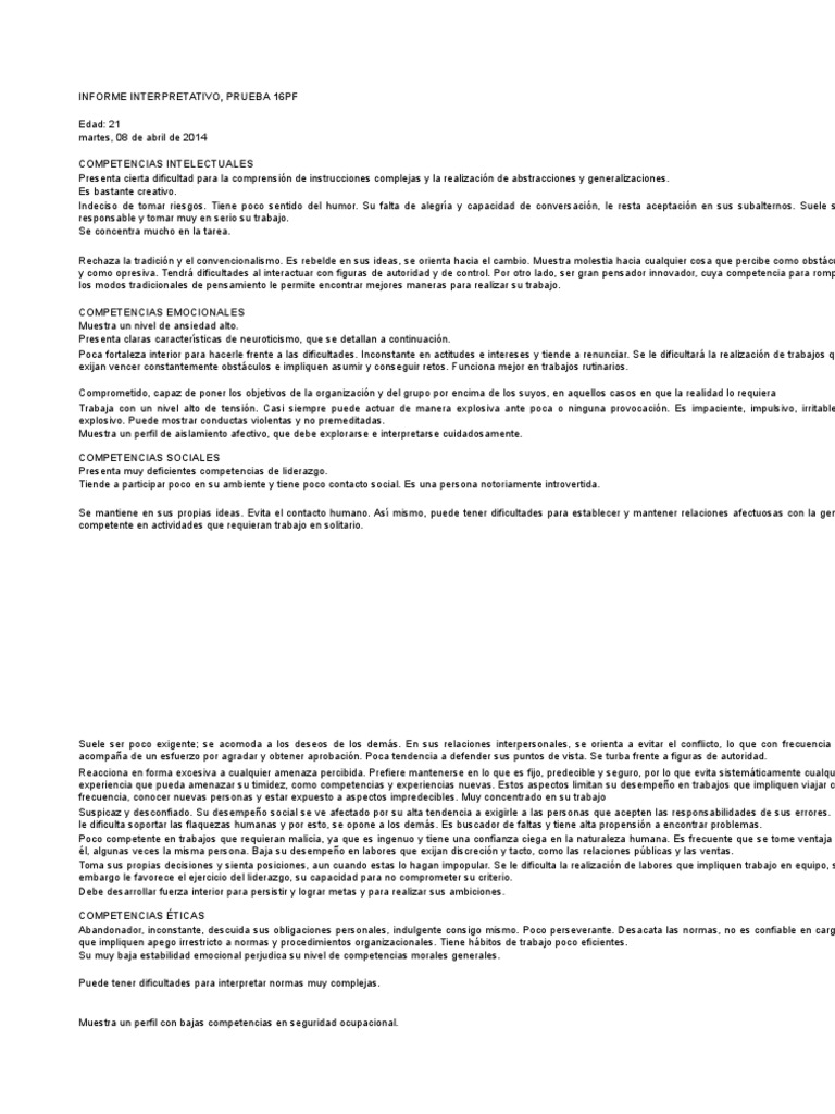 Informe Interpretativo 16PF | PDF | Liderazgo | Toma de decisiones