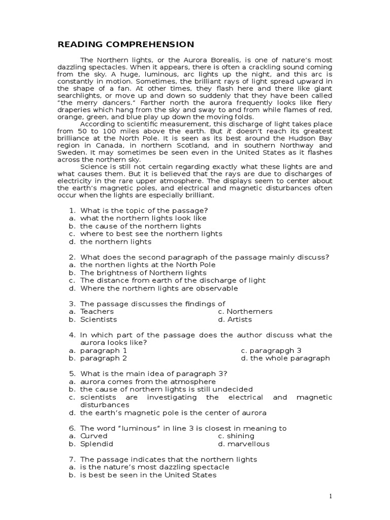Northern Lights Reading Comprehension | PDF