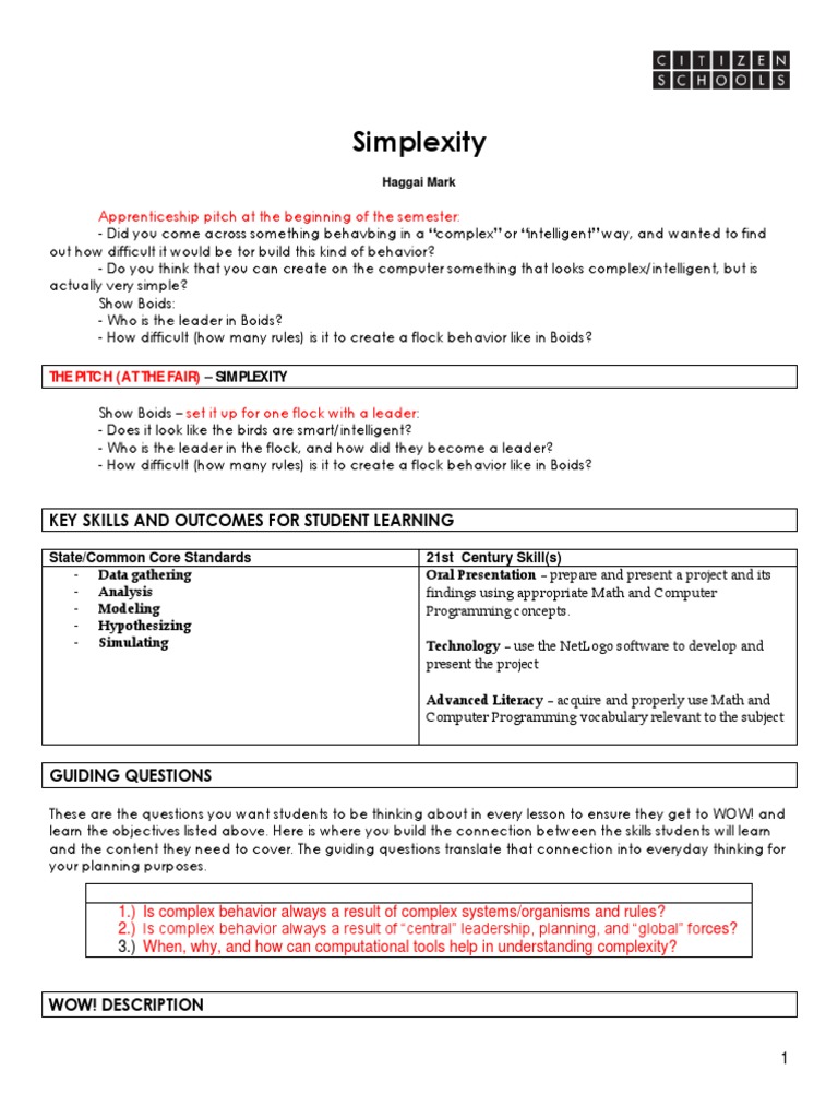 Simplexity: Apprenticeship Pitch at The Beginning of The Semester | PDF | Data | Cognitive Science