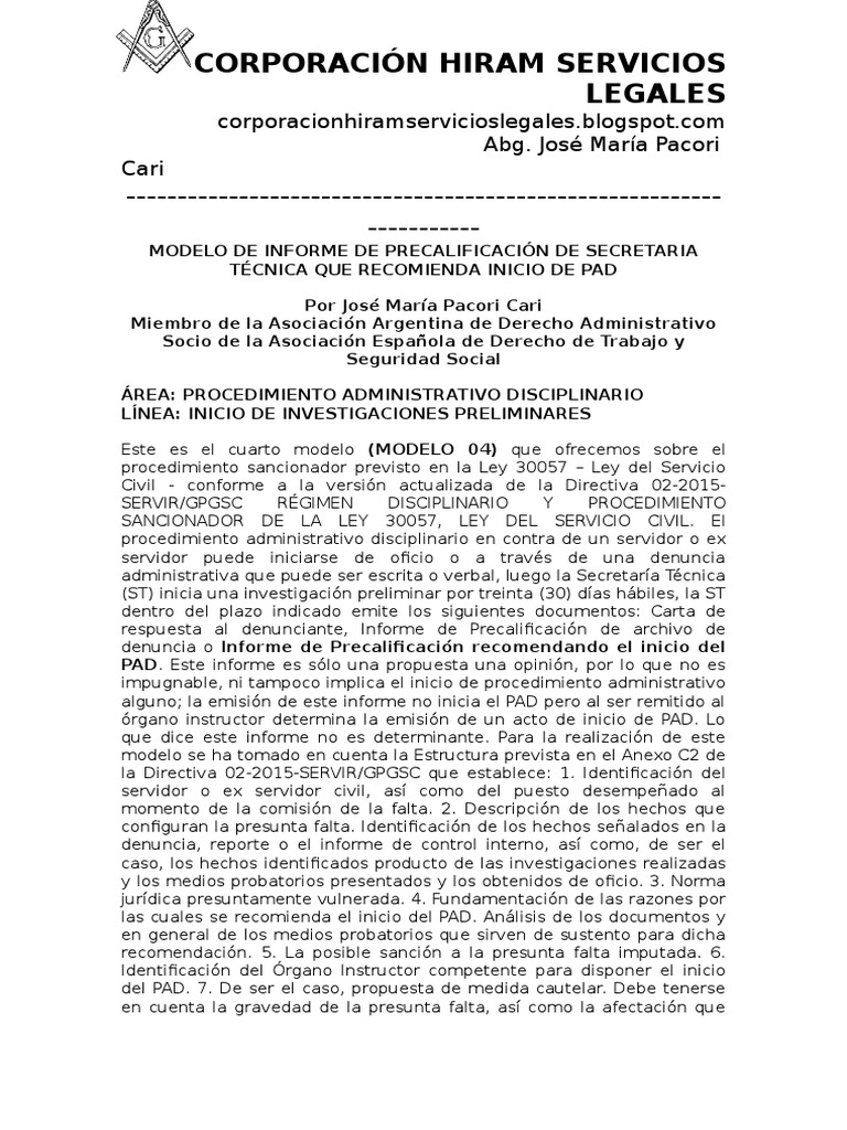 Modelo De Informe De Precalificación De Secretaria Técnica Que