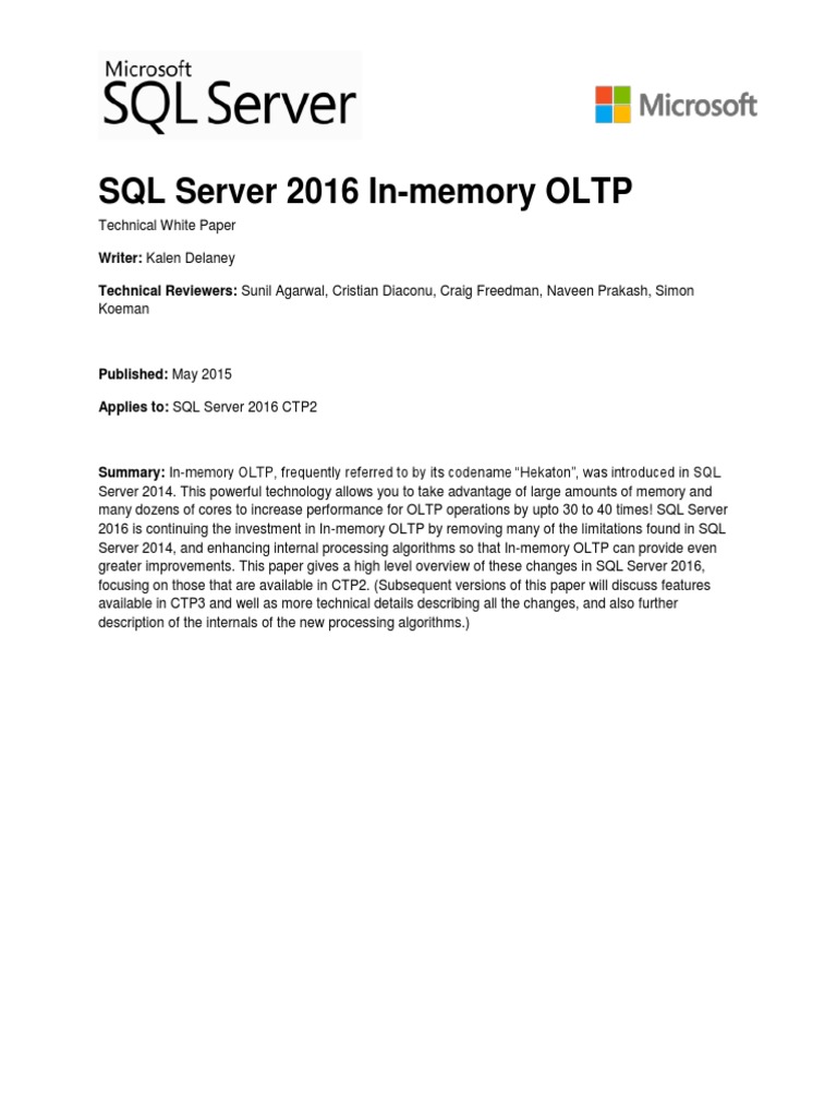 Sql Server 2016 In Memory Oltp White Paper Pdf Microsoft Sql Server Database Index