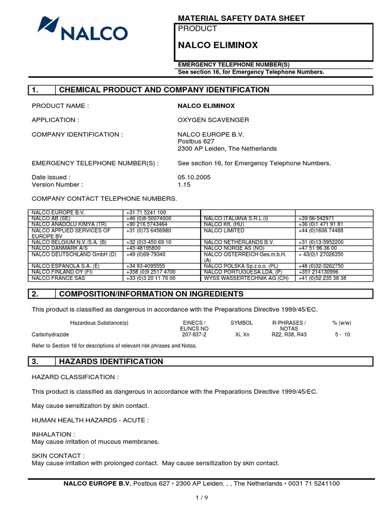 Nalco Eliminox: Material Safety Data Sheet | PDF | Personal Protective Equipment | Waste Management