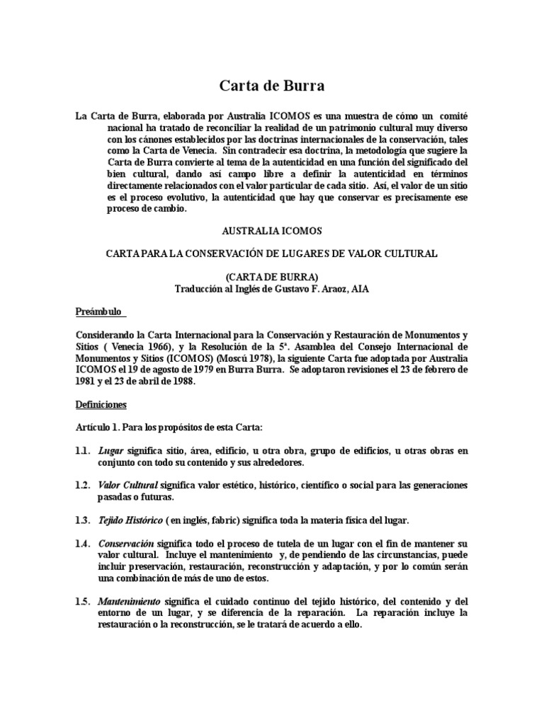 Carta de Burra: Conservación Cultural | PDF | Evidencia | Science