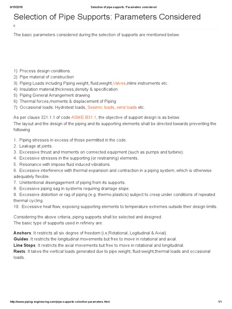 Selection of Pipe Supports - Parameters Considered | PDF